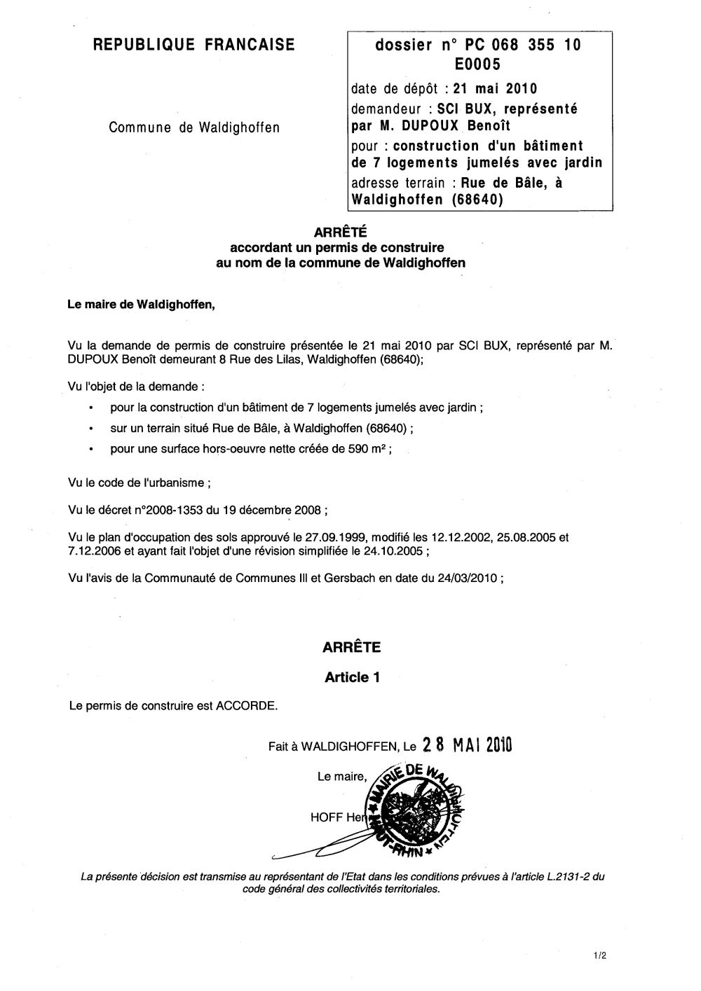 Arrêté de non opposition permis de construire n° PC10E0005 - SCI BUX Arrêté de non opposition permis de construire n° PC10E0005 - SCI BUX
